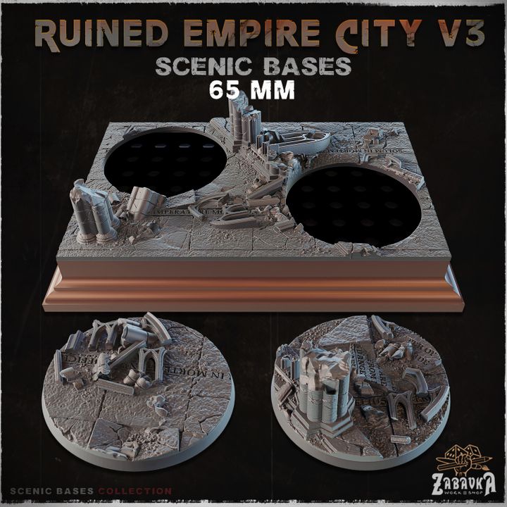 3D Printable Ruined Empire City V3 - Scenic Bases (65mm Bases) by Zabavka Workshop